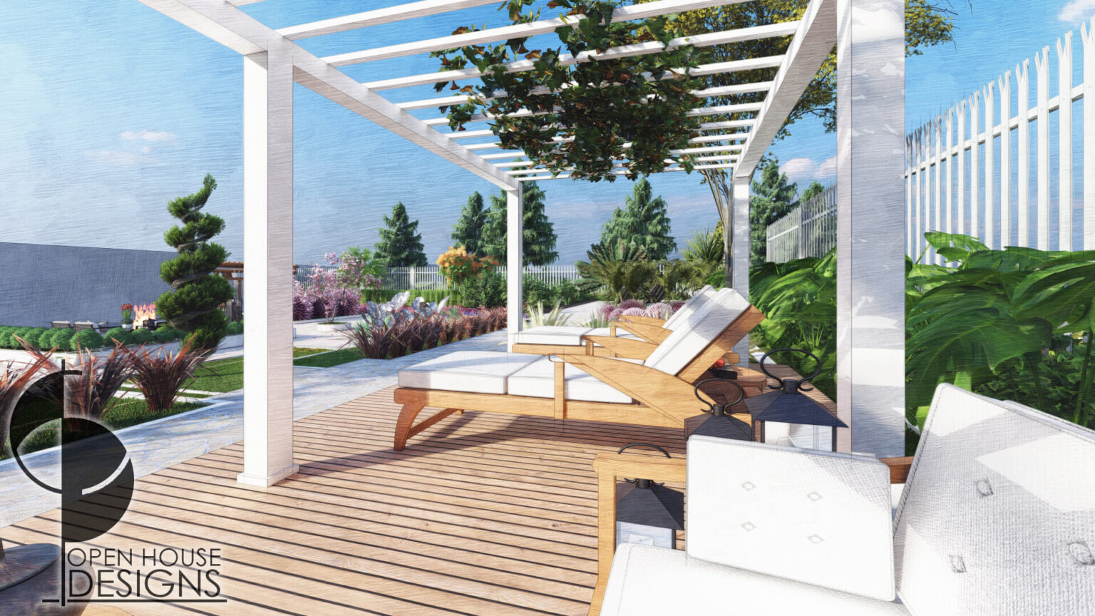 2. Landscape Design with pergola, patio, flower beds and more
