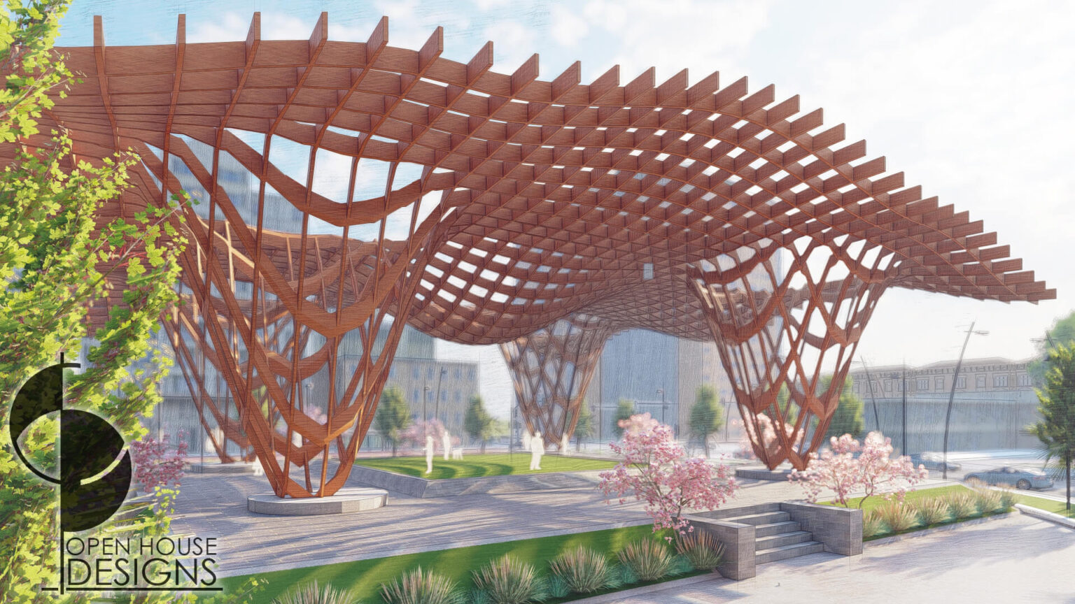 Parametric Pavilion flows over city center square - OpenHouseDesigns