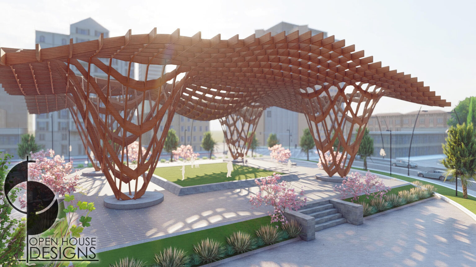Parametric Pavilion flows over city center square - OpenHouseDesigns