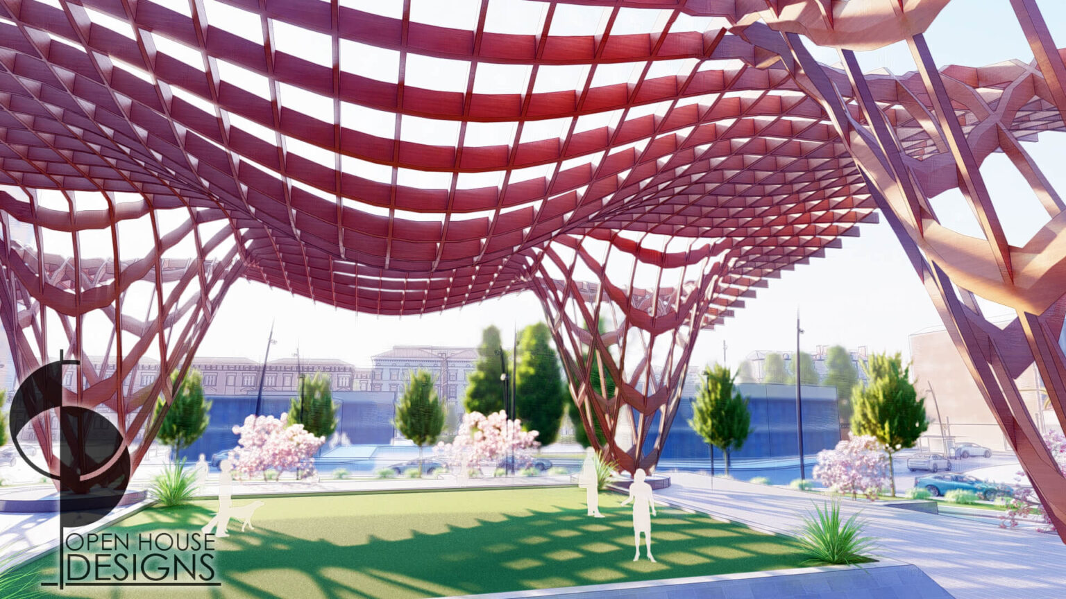 Parametric Pavilion flows over city center square - OpenHouseDesigns