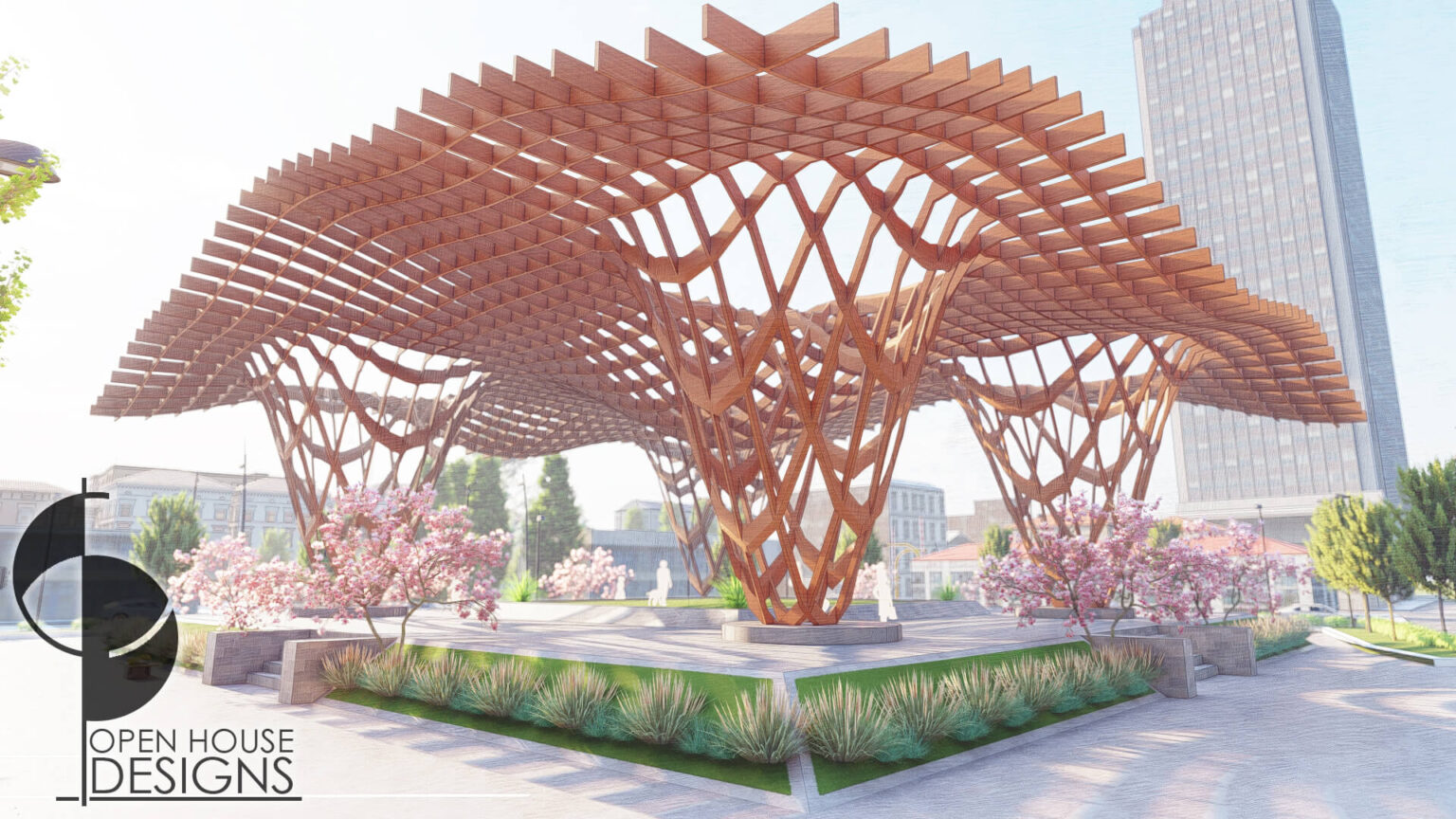 Parametric Pavilion flows over city center square - OpenHouseDesigns
